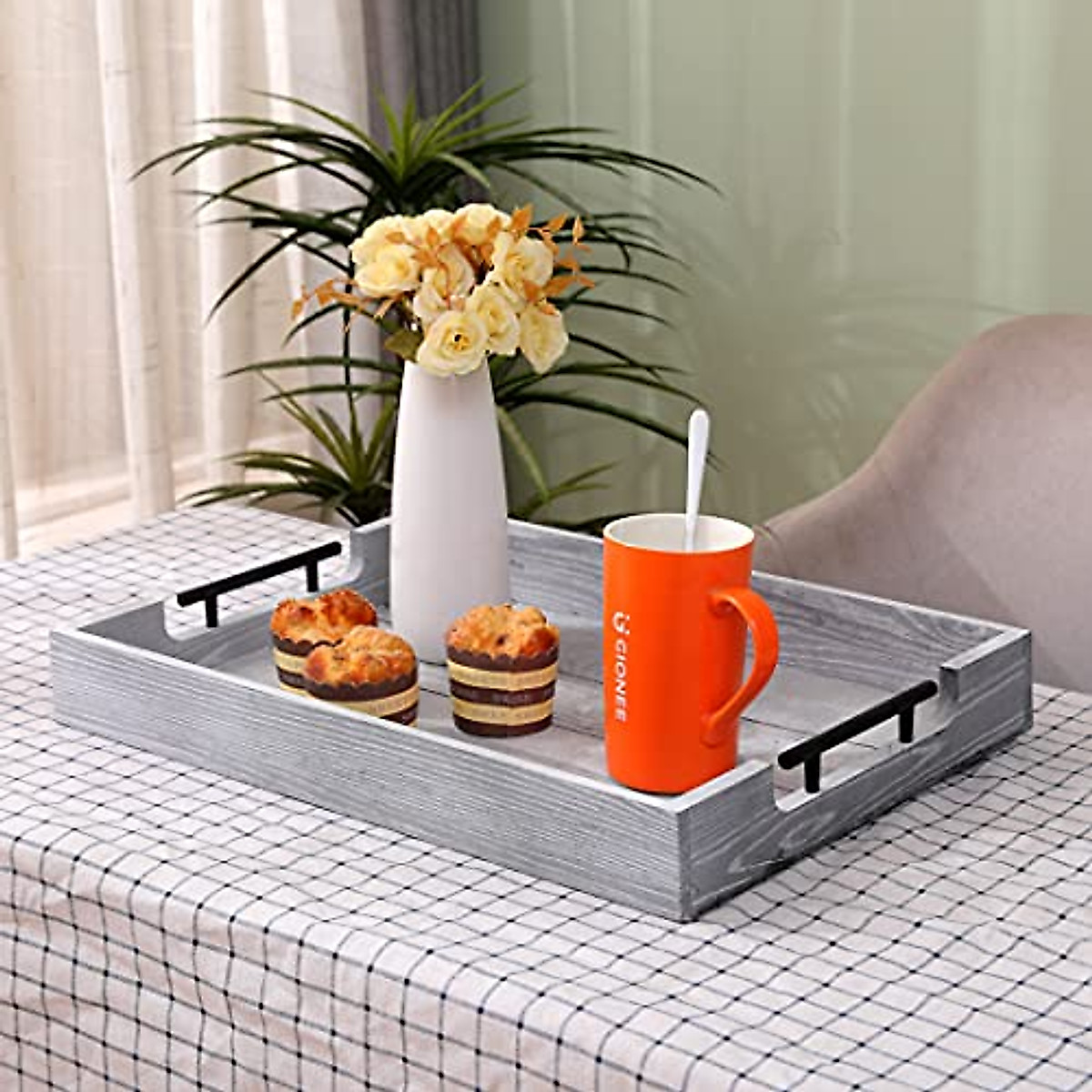 LONGNENG Wood Serving Tray Rectangle Gray Tray with Handles,Decorative Trays,Rustic Ottoman Tray for Living Room with Two Iron Handles