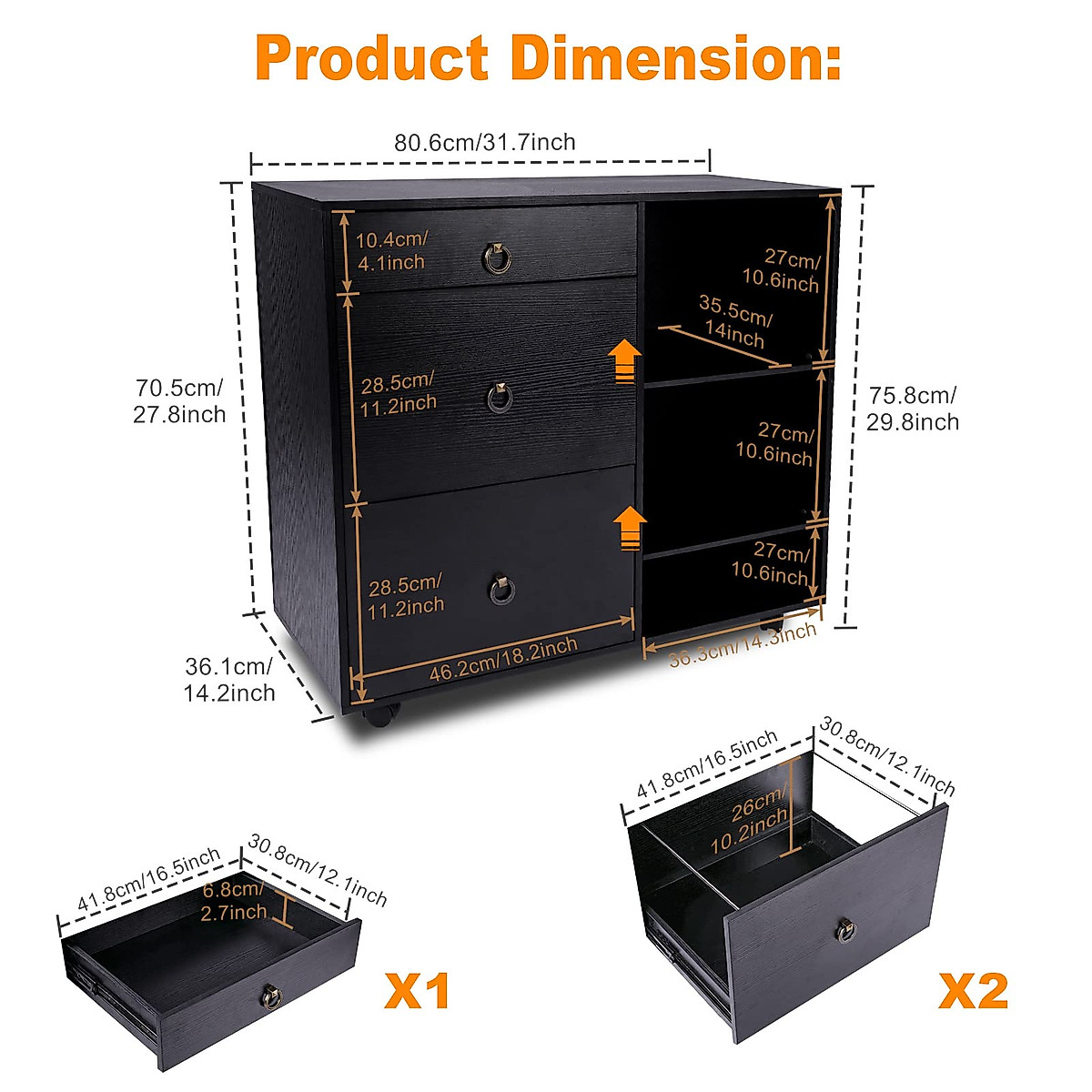 EasyPAG Mobile Filing Cabinet 3 Drawer Wood Lateral File Cabinet and 2 Open Shelf for Documents, Paper,Hanging File Folders, Black