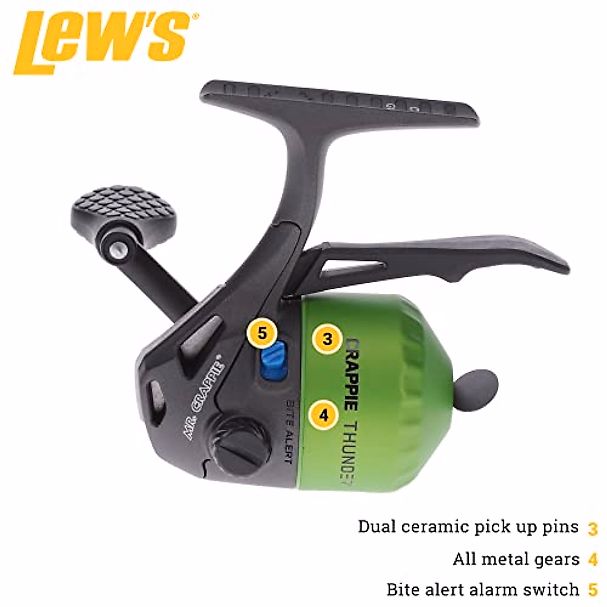 Lew's Crappie Thunder Underspin Fishing Reel, 4.3:1 Gear Ratio, Right or Left-Hand Retrieve, Crappie Thunder Green