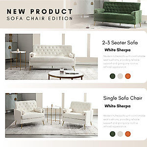 60” Couch Sofa, Mid Century Modern Upholstered Loveseat Sofa Tufted Small Sofa Faux Fur Love Seat Couch Track Armrest with 2 Bolster Pillows for Small Space Living Room Bedroom Apartment, White Sherpa