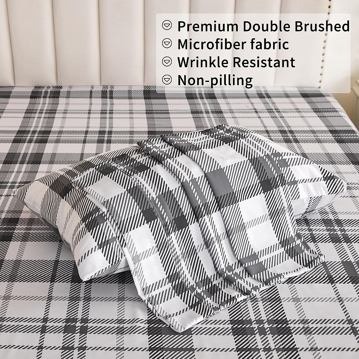 Mooreeke Queen Sheets, Queen Grey Plaid Bed Sheet Set with Deep Pocket Non-Slip Fitted Sheet, Checked Microfiber Bedding Sheets & Pillowcases
