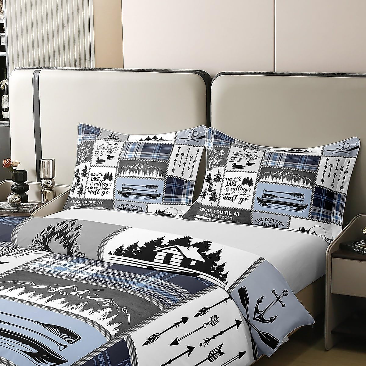 Rustic Farmhouse Style 100% Nature Cotton Duvet Cover King Size,Lake Theme Outdoor Camping Anchor Paddle Silhouette Super Soft Bedding Set,Seaside Cabin Wild Duck Comforter Cover Bedding 3 Piece