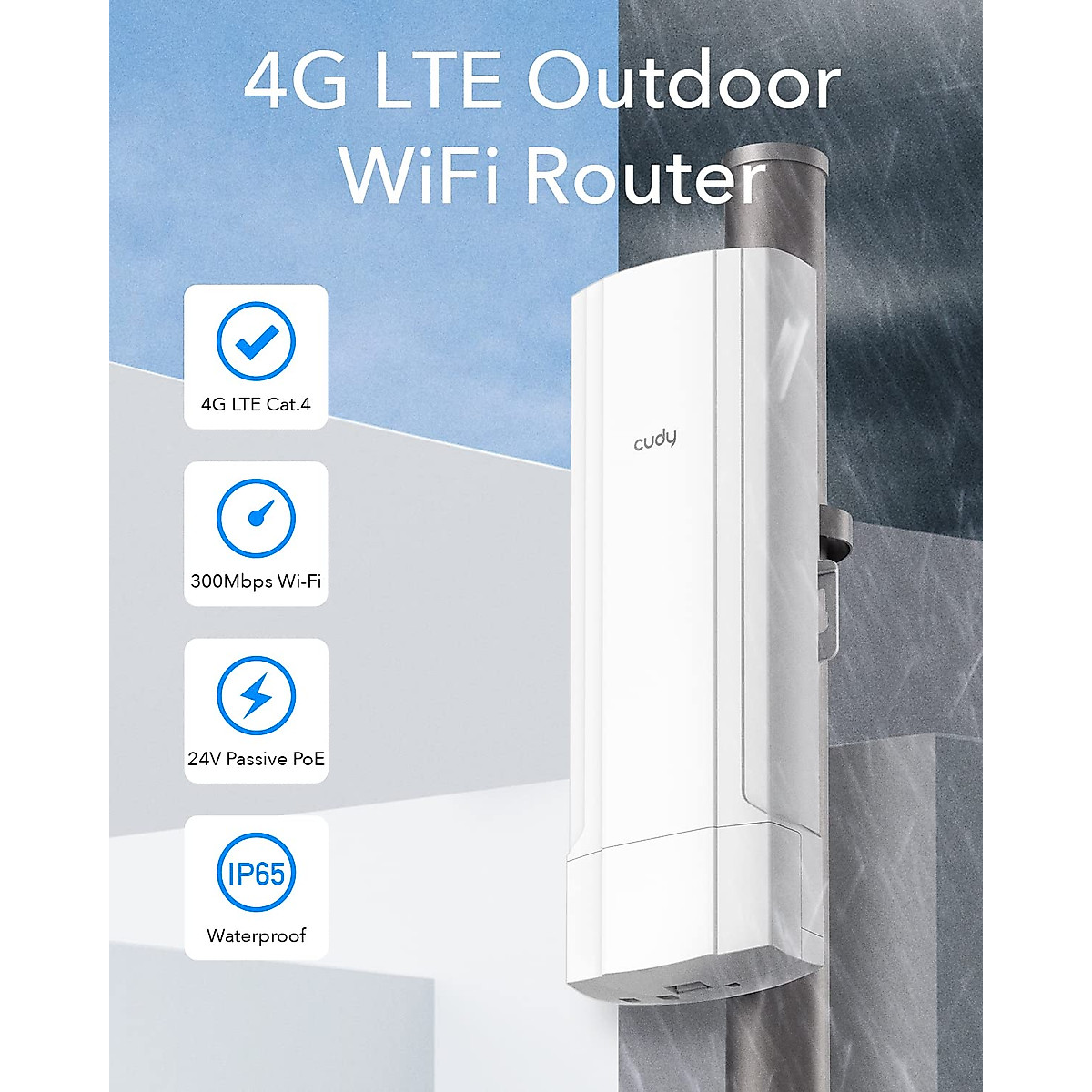 Cudy Unlocked Outdoor 4G LTE Modem Router with SIM Card Slot, N300 WiFi, EC25-AFX, IP65, PoE or DC, Pole or Wall mounting, DDNS, VPN, Cloudflare, LT300 Outdoor