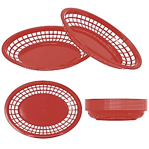 Plastic Fast Food Baskets - HUGE 12" x 9" SIZE Food Baskets For Serving - Reusable Foodservice Restaurant Deli Diner Burger Fries Fish Chip Hot Dog Sandwich Plates Tray Platter (12 Pack, Red)