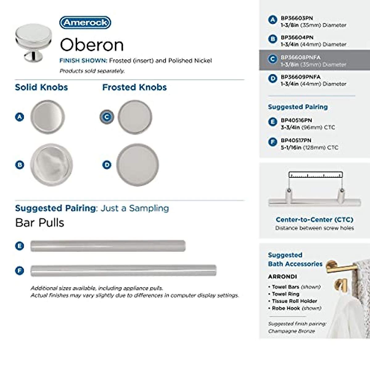 Amerock | Cabinet Knob | Polished Nickel/Frosted | 1-3/8 inch (35 mm) Diameter | Oberon | 1 Pack | Drawer Knob | Cabinet Hardware