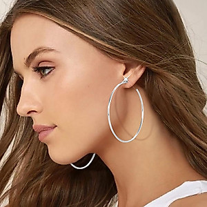 Besalon Silver Big Hoop Earrings for Women 14K Thin Gold Plated Hoops Earring Hoops for Women Lightweight 70mm with Cubic Zirconia