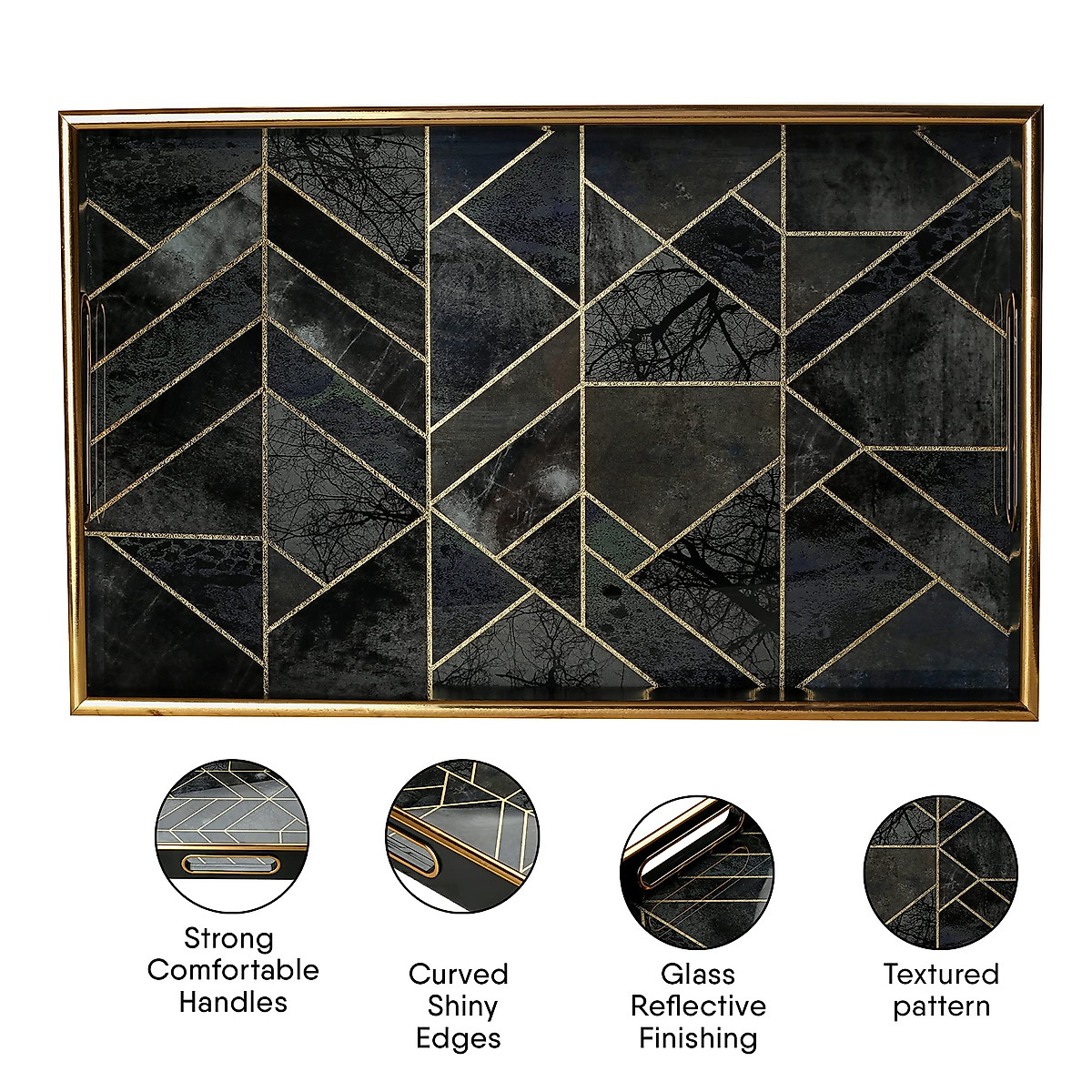 Serving Tray –Coffee Table Tray –Elegant Decorative Tray –PS and Printed Glass Table Tray –Practical and Sturdy Design –Easy to Clean and Washable(Black and Grey,15.6x10x1.8 Inches)