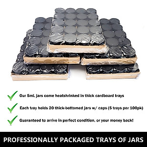 Midelo 100-Pack 5ml Thick Glass Jars with Reflective Foam Liner - Mini Refillable small containers with lids for Oil, Lip Balm, Wax, Cosmetics, Makeup, & More - Small jars with Black Airtight Lids