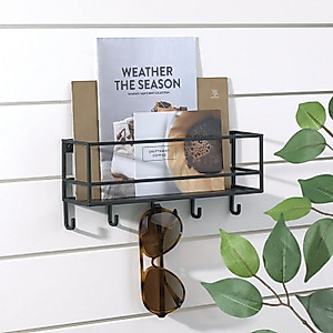 mDesign Metal Wall Mount Mail and Key Holder with 5 Hooks, Hanger Rack Shelf for Home Entryway, Mudroom, Kitchen, Hold Letters, Cards, Magazines, Coats, Umbrellas, Citi Collection, Matte Black
