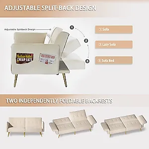 FCNEHLM 77.5” Futon Sofa Bed, Velvet Sofa Bed Futon Convertible Italian Velvet Futon Couch with Foldable Armrests and Adjustable Backrests with Magazine Bags, Sleeper Sofa Bed for Living Room, Beige