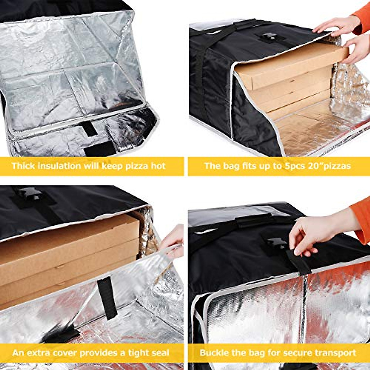 cherrboll Insulated Pizza Delivery Bag Commercial Food Warmer Carrier Bag 22" by 22" by 11" Holds 5-20" Large Pizza Boxes or Trays