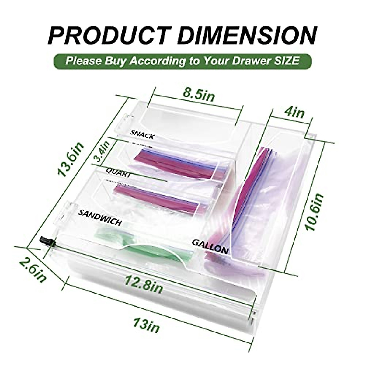 Acrylic Ziplock Bag Storage Organizer, EFOBO Foil Plastic Wrap Ziplock Bag Organizer, Food Storage Baggie Organizer with Foil Dispenser, Drawer Baggie Holder for Gallon, Quart, Snack & Sandwich Bags