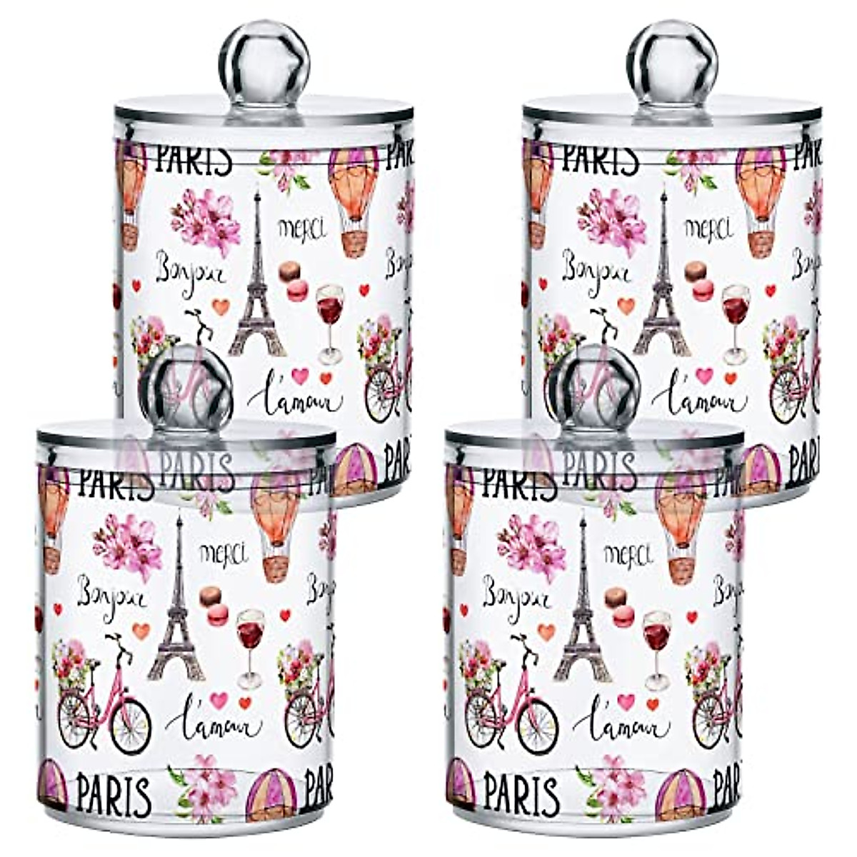 Paris Style Flower Cotton Swab Holder Bathroom Containers Jars with Lids Set Cotton Ball Pad Round Holder Jar for Cotton Swabs Cotton Ball Floss Bath Salts Bathroom Organizer Storage, 4 Pack
