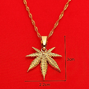 24K Yellow Gold Color Jewelry Cannabis Weed Marijuana Leaf Pendant Necklace