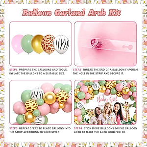 Fiesec Safari Baby Shower Decorations for Girl, Jungle Themed Décor Backdrop Balloon Garland Arch Artificial Leaves Box Cutout Glitter Banner Cake Topper Sash Lion Cheetah Giraffe Pink 140 PCs