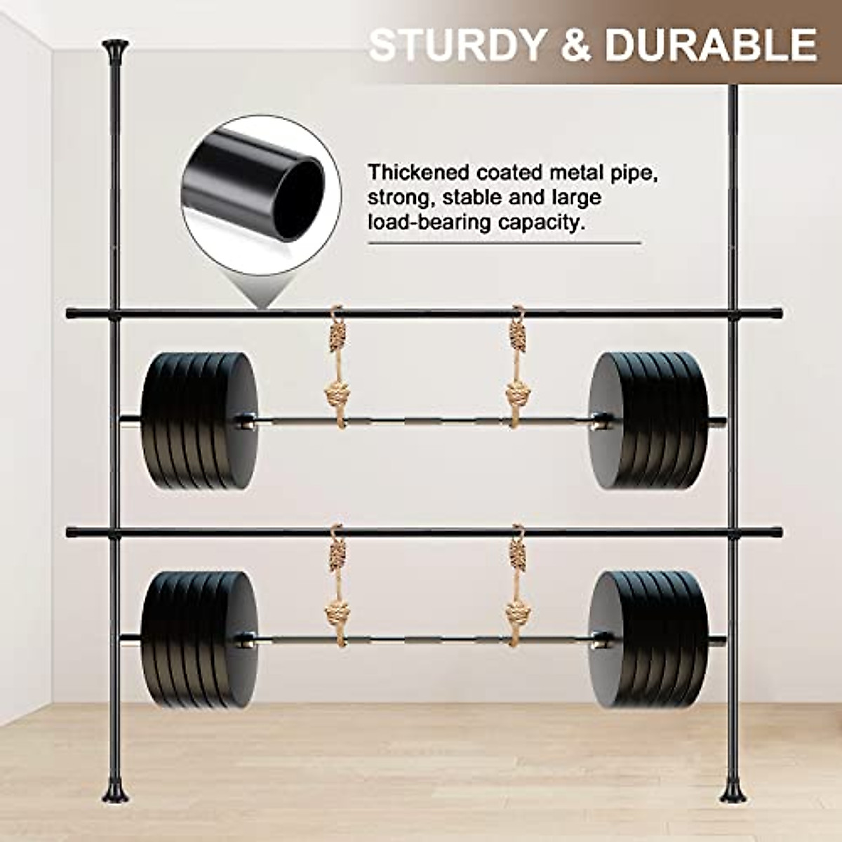 Closet Organizer Clothes Rack, Heavy Duty 2-Tier Adjustable Free Standing Laundry Drying Garment Rack, Floor to Ceiling Clothing Hanger Tension Rod Closet System Wardrobe Storage Matt Black