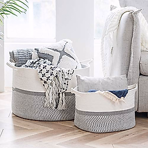 CHICVITA XXL Extra Large Grey Cotton Rope Woven Basket & Grey Small Square Cotton Rope Basket
