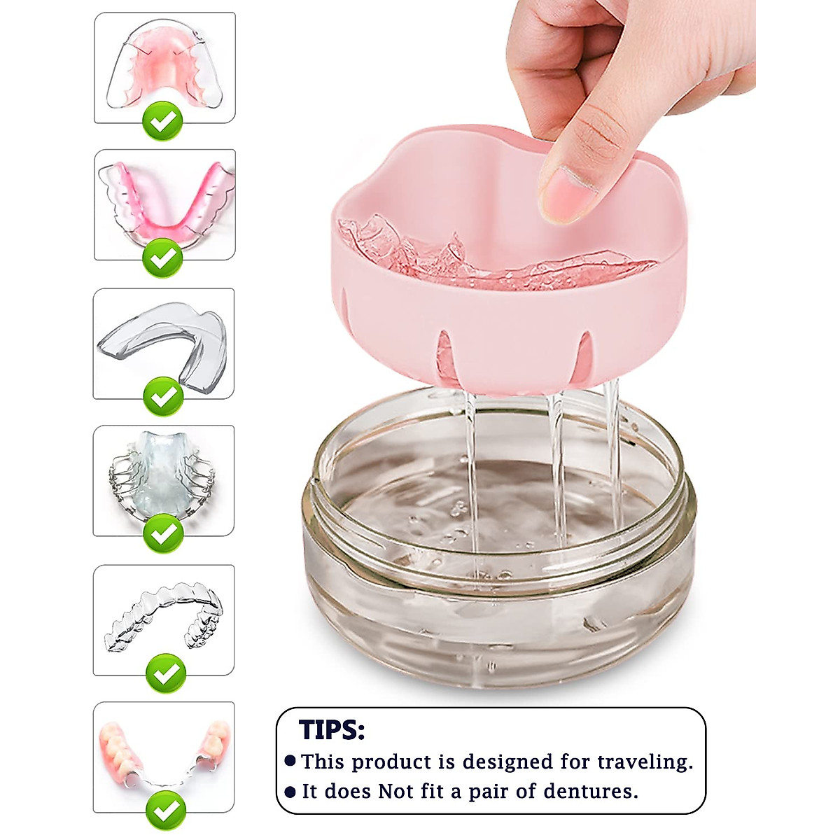Denture Case, Definitely No-Leak Denture Bath Box for Traveling Perfectly, Denture Cup with Strainer & Magnetic Mirror,Completely Clean Care for Retainer, Mouth Guard, & Denture(PINK)…