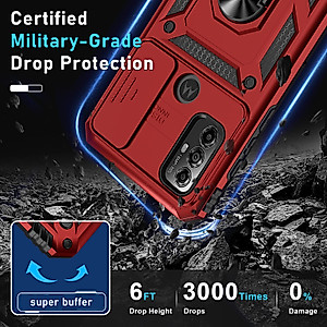 Janmitta Compatible with Moto G Play 2023,G Power 2022/G Pure Case Built in Slide Camera Lens Cover+Screen Protector+Ring Holder,Heavy Duty Shockproof Full Body Phone Cover,Red