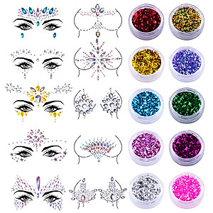 SIQUK 10 Sets Face Jewels Body Gems Stickers Mermaid Face Body Jewels Crystal Stickers with 10 Boxes Chunky Face Glitter for Festival Rave Party
