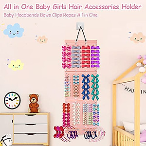 Globalstore Baby Hair Accessories Storage, Bow Holder Baby Headband Holder Organizer Hanging Hair Clips Storage Hanger with 21 Detachable Felt Ribbons for Baby Girl Hair Ties, Soft Pink
