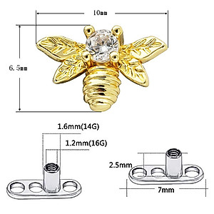 Excepro 1Pcs Dermal Anchor G23 Titanium Multicolor Plated Bees CZ Body Jewelry Anchor Dermal Tops (Yellow gold plated)