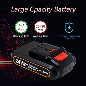 Mini Chainsaw, O-CONN 4 Inch 24V Battery Powered Cordless Chainsaw w/ 2.0Ah Battery and Charger, Handheld Portable Electric Small Chain Saw, for Tree Trimming Branch Wood Cutting (1 Battery 1 Chain)