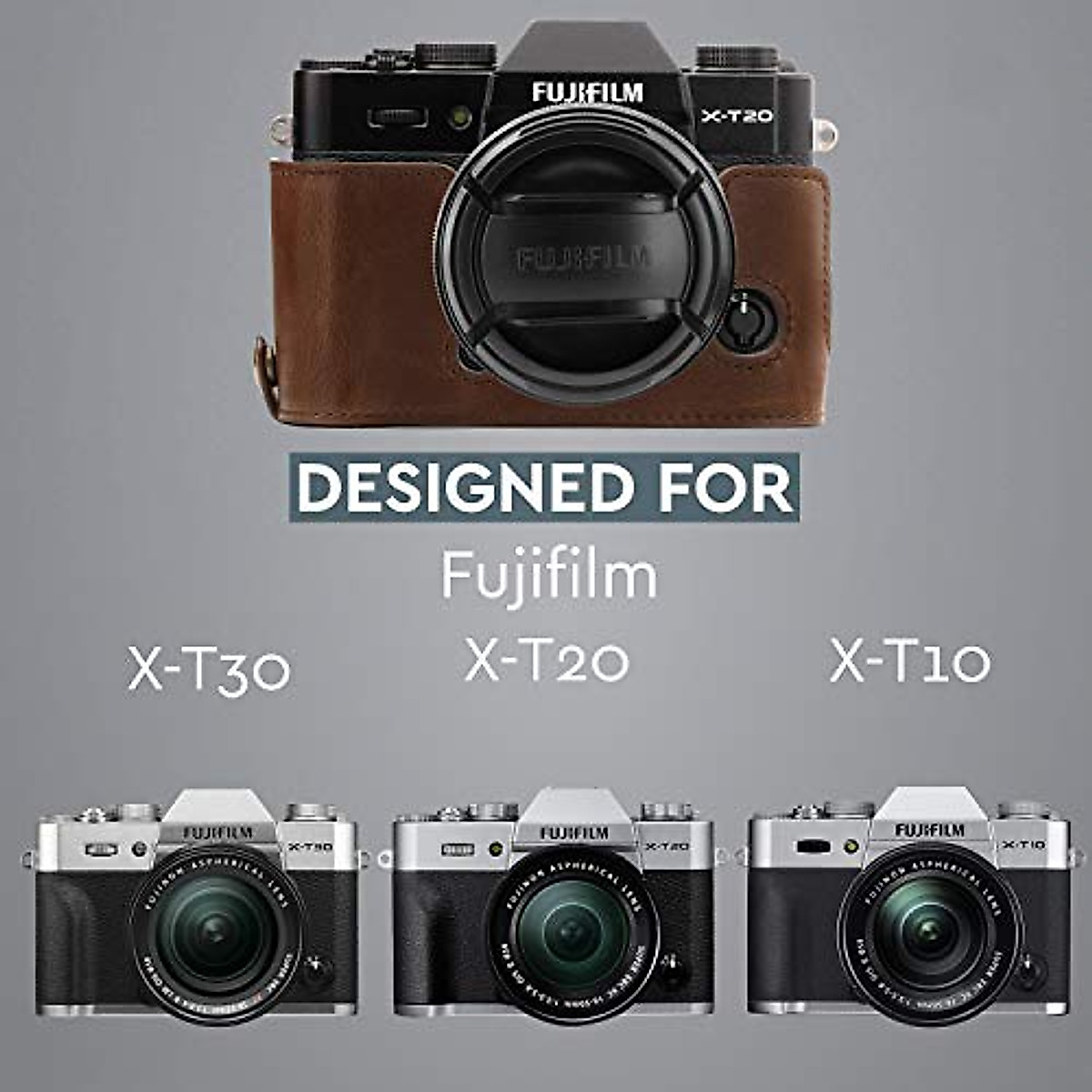 MegaGear MG958 Ever Ready Leather Camera Half Case and Strap Compatible with Fujifilm X-T30 MII, X-T30, X-T20, X-T10 - Dark Brown