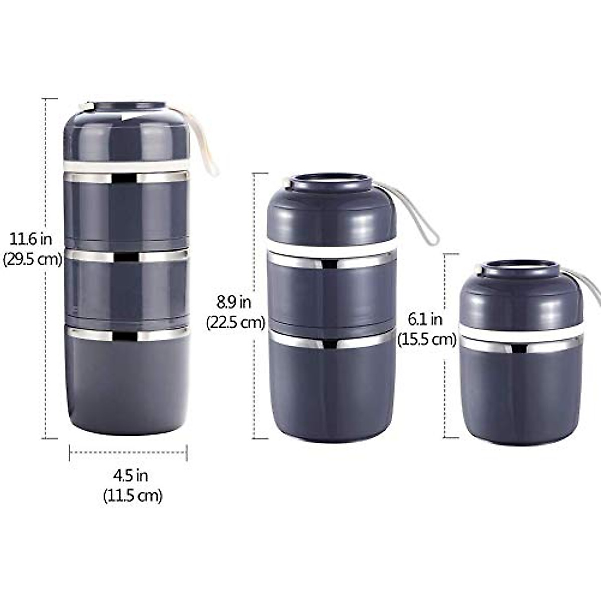 Cute Bento Stackable Lunch Box with Flatware Set Stainless Steel Lunch Containers Leakproof Food Container Insulated Lunch Bag for Adults Women Men (Gray, 3-Tier)