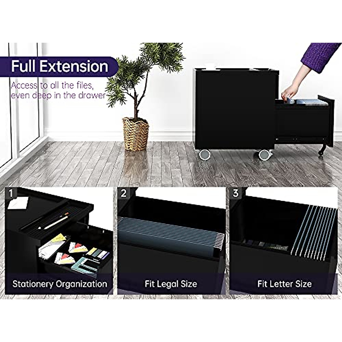 CuHome 2-Drawer Mobile Filing Cabinet with Lock and Casters, Fully Assembled, Vertical File Metal Cabinet for Home Office, Small Under Desk, Black