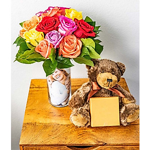 From You Flowers - One Dozen Rainbow Roses with Chocolates & Bear with Free Vase (Fresh Flowers)