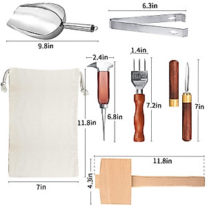 Ice Pick Set of 7 - Stainless Steel Ice Chipper Tea Knife with Wooden Handle, Crushed Ice Lewis Bag and Wood Hammer for Breaking Ice Carving Kitchen Tool Bartender Bars Picnics Camping Restaurant
