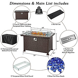 SELLERWE Propane Fire Pit Table, 44" 60,000 BTU Auto-Ignition Aluminum Rectangle Wicker Gas Fire Pits/Dining Fire Table w/Wind Guard, CSA Certification for Outdoor Patio Garden Backyard, Brown