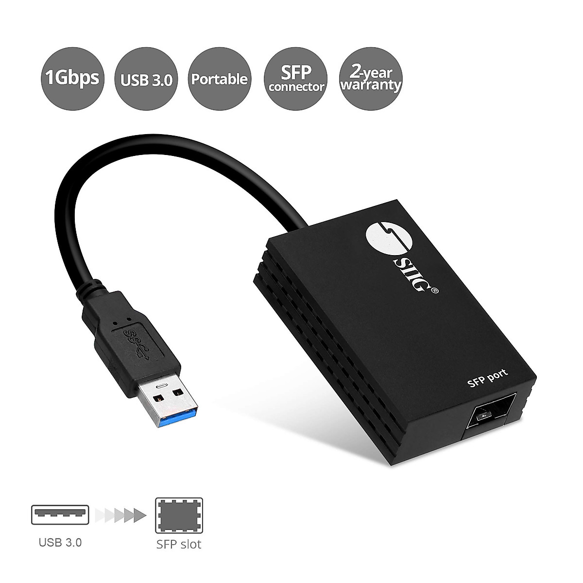 SIIG USB 3.0 to Fiber SFP Gigabit Ethernet Adapter, High Speed GB Transfer Rate (1000/100/10 Mbps), USB 3.0 Type-A to SFP Female, USB to Fiber Optic Converter, Realtek RTL8153 (JU-NE0B11-S1)