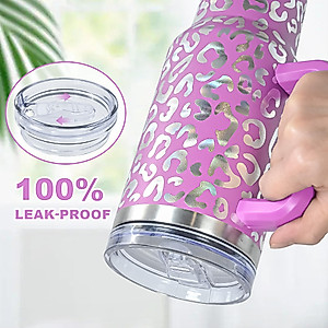 FECBK 40 oz Tumbler with Handle and Straw, 100% Leak-Proof Travel Mug, Stainless Steel Double Wall Vacuum Insulated Coffee Cup Keeps Cold For 34 Hours, Dishwasher Safe, Lavender Rose Leopard
