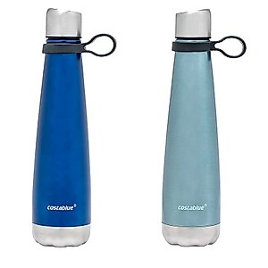 Costablue Santa Monica Vacuum Insulated Double Wall Stainless Steel Water Bottle 500 ml, Push Open & Close Lid, Reusable Water Flask – 17 Ounces, Moonlight Blue & Ocean Blue Combo