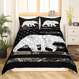 Manfei Wild Bear Bedding Set Twin Size for Bedroom Decorative,Wildlife Animal Camo Rustic Style Duvet Cover,Black Stripes Branch American Flag Bedding Quilt Cover with 1 Pillow Cases(No Comforter)