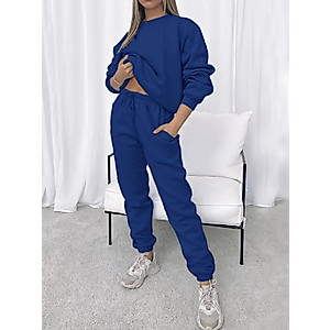 KANSOON Women Sweatsuits Sets Two Piece Outfits Long Sleeve Round Neck Top Sweatpants Tracksuits Sets Loungewear Blue M