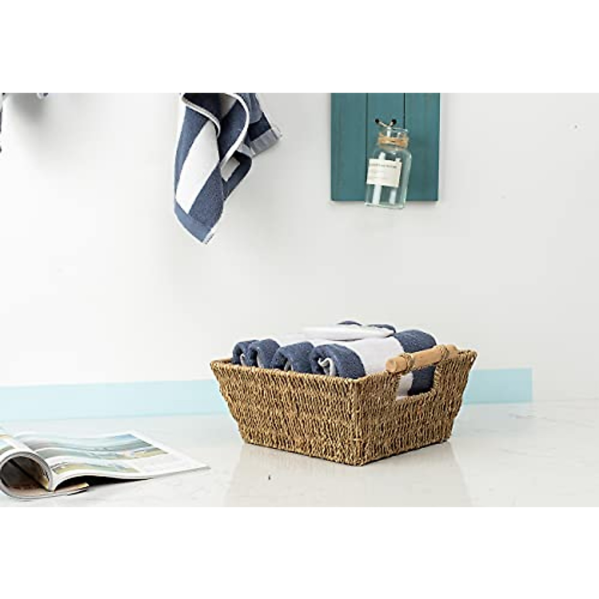Handmade Woven Wicker Storage Baskets, 2-Pack, Seagrass Shelf Baskets for Organizing & Sorting, Toilet Paper Towel Holder Basket with Wooden Handles, Iron frame, 11.8" x 10.2" x 4.8"