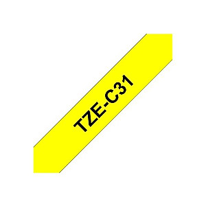 Brother TZe-C31 Labelling Tape Cassette, Black on Fluorescent Yellow, 12 mm (W) x 5 m (L), Laminated, Brother Genuine Supplies