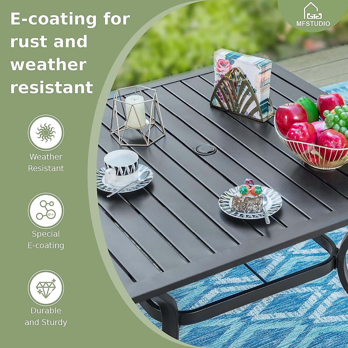 MFSTUDIO 6 Pieces Outdoor Patio Dining Set for 4 with Umbrella, Patio Square Metal Table and Rattan Chairs of 4 with Umbrella, Outdoor Patio Wicker Dining Furniture Set with 10ft Umbrella (Navy Blue)