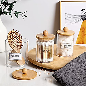 VITEVER 3 Pack Qtip Holder Dispenser with Bamboo Lids - Apothecary Jar Containers for Vanity Organizer Storage - Bathroom Accessories Set for Cotton Swab, Ball, Pads, Floss