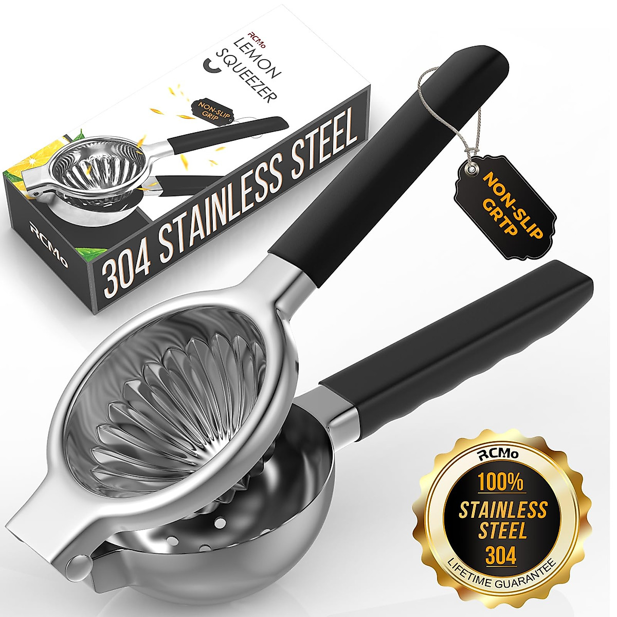 RCMo Stainless Steel Lemon Squeezer - Metal Citrus Juicer - Lime Lemon and Fruit Juicer with Silicone Handles - Large Manual Citrus Press Juicer - Hand Held Squeezer - Ergonomic Design with Solid