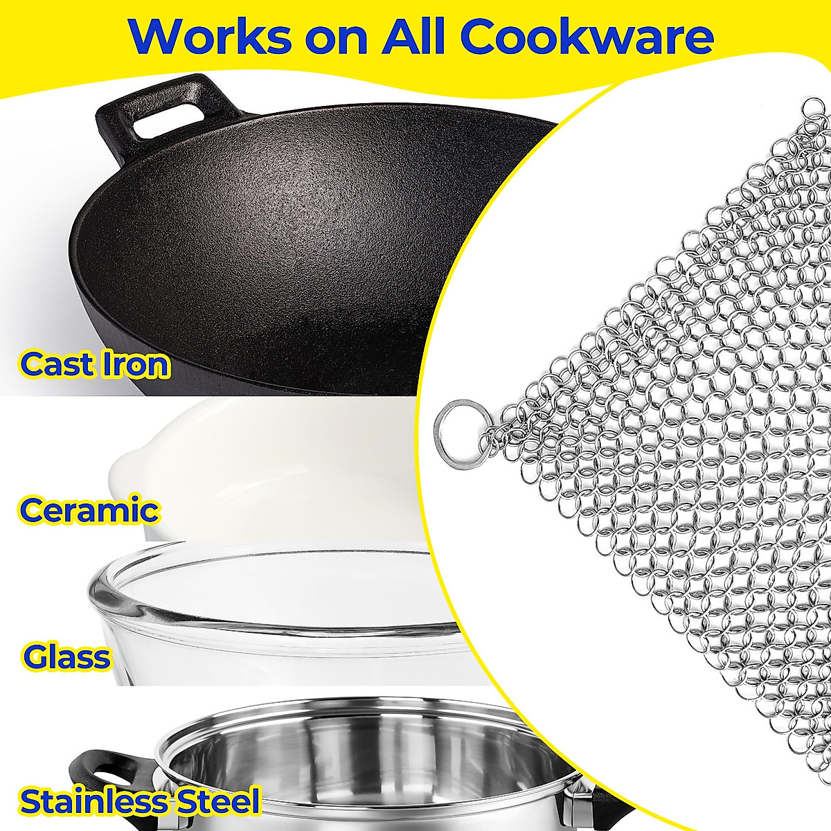 Amagabeli Cast Iron Cleaner 8"x6" Rectangle Metal Scrubber with Hanging Ring 316 Premium Stainless Steel Chainmail Scrubber for Cast Iron Pans CS03