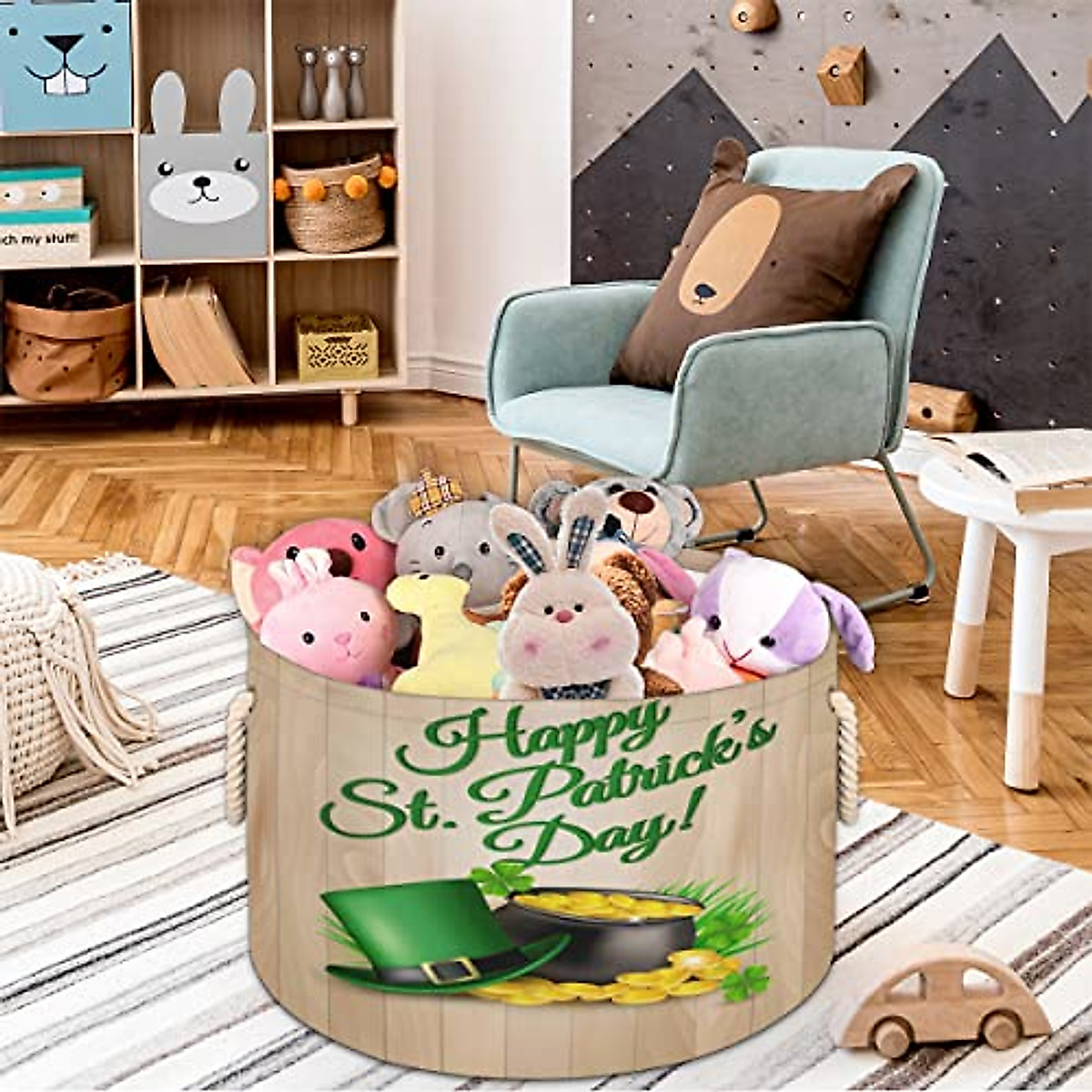 Saint Patrick's Day Green Hat (3) Large Round Baskets for Storage Laundry Baskets with Handles Blanket Storage Basket for Bathroom Shelves Bins for Organizing Nursery Hamper Girl Boy