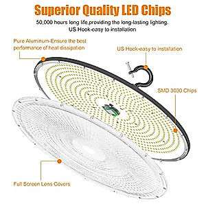 NUOGUAN UFO LED High Bay Light 300W 42,000lm(1500W HID/HPS Equiv) 5000K Up and Down Lighting with US Plug 6'Cable AC120V IP65 Commercial Warehouse Lighting Fixture for Workshop, Garage, Factory