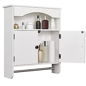 LUCYPAL Bathroom Cabinet Wall Mounted with Doors, Wooden Hanging Cabinet, Bathroom Cabinet with Towel Bar Over The Toilet, Bathroom Wall Cabinet White