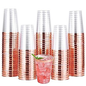 JOLLY CHEF 100 Pack Rose Gold Plastic Cups, 12 oz Clear Plastic Cups Tumblers, Elegant Rose Gold Rim Disposable Plastic Cups Perfect for Party Wedding