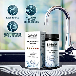 Health Metric Pro Water Hardness Test Kit | Quick & Easy Hard Water Test Strips for Water Softener Dishwasher Well Spa and Pool Water | 50 Tester Strips at 0-425 ppm | Calcium & Magnesium Hardness