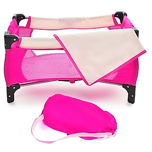 fash n kolor Doll Pack N Play Crib Fits up to 18" Dolls Blanket and Carry Bag Included (Hot Pink)